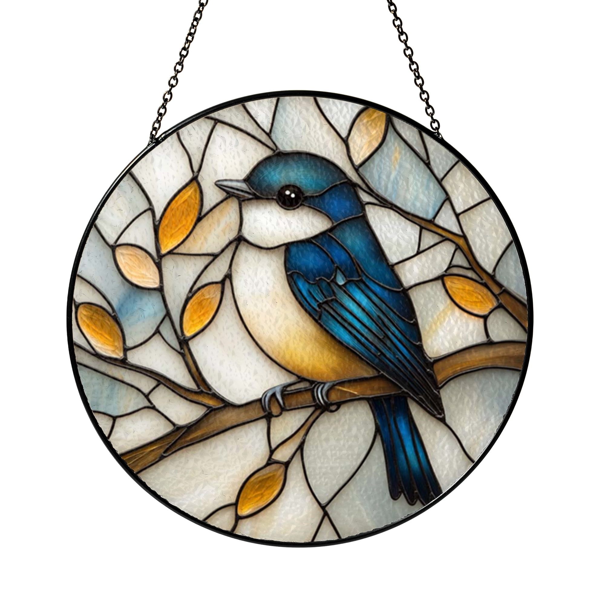 Blue Bird on Spring Branch Stained Glass Suncatcher, Round Window ...