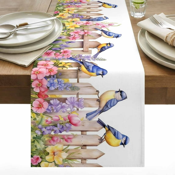 Blue Bird Table Runner 13x72 inch Country Fence Flower and Plant ...