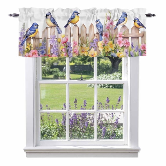Blue Bird Valances for Windows Country Fence Flower and Plant Pattern ...