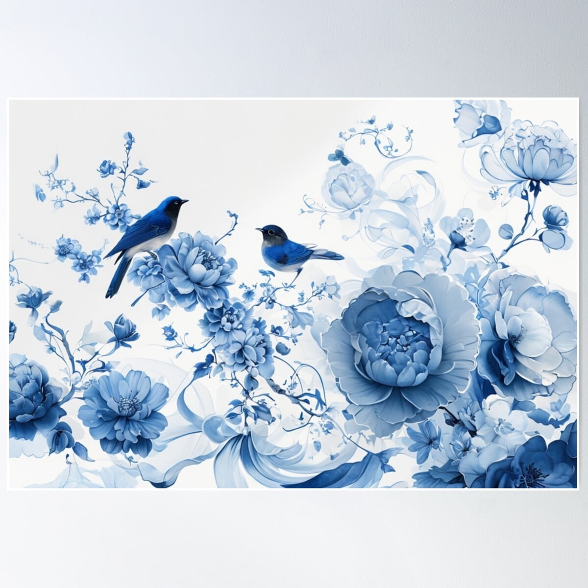 Blue Bird With Floral Elegance Poster Wall Art, Modern Wall Decor For ...