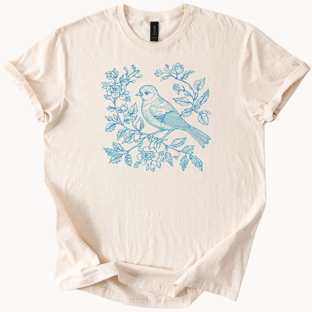 Blue Bird and Floral Branch Nature Graphic Tee Unisex Soft Cotton Shirt ...