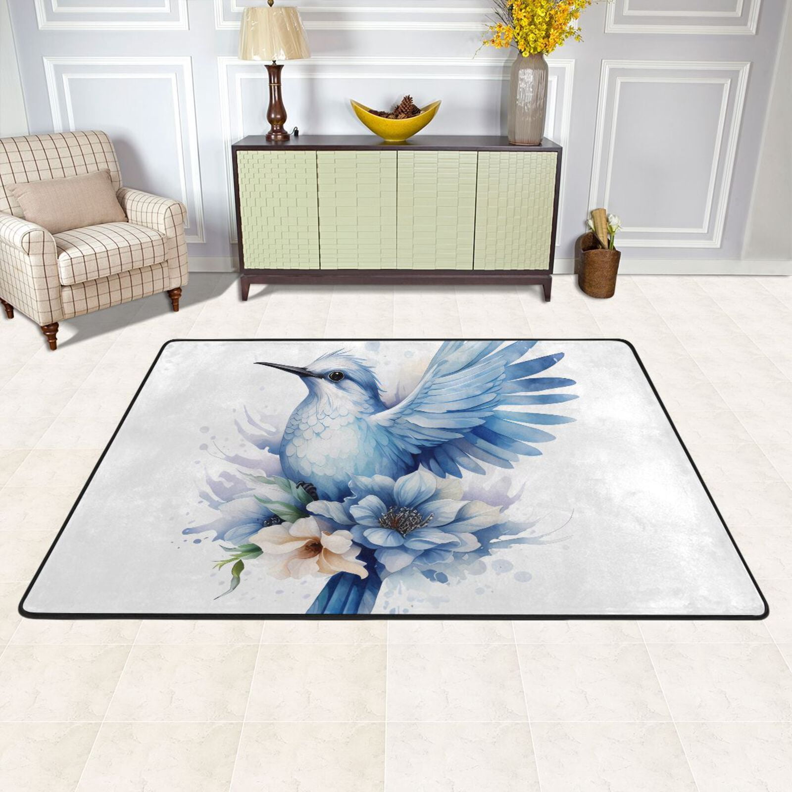 Blue Bird with Flowers Area Rug Washable 72 x 48 Floor Carpet Mat Non ...