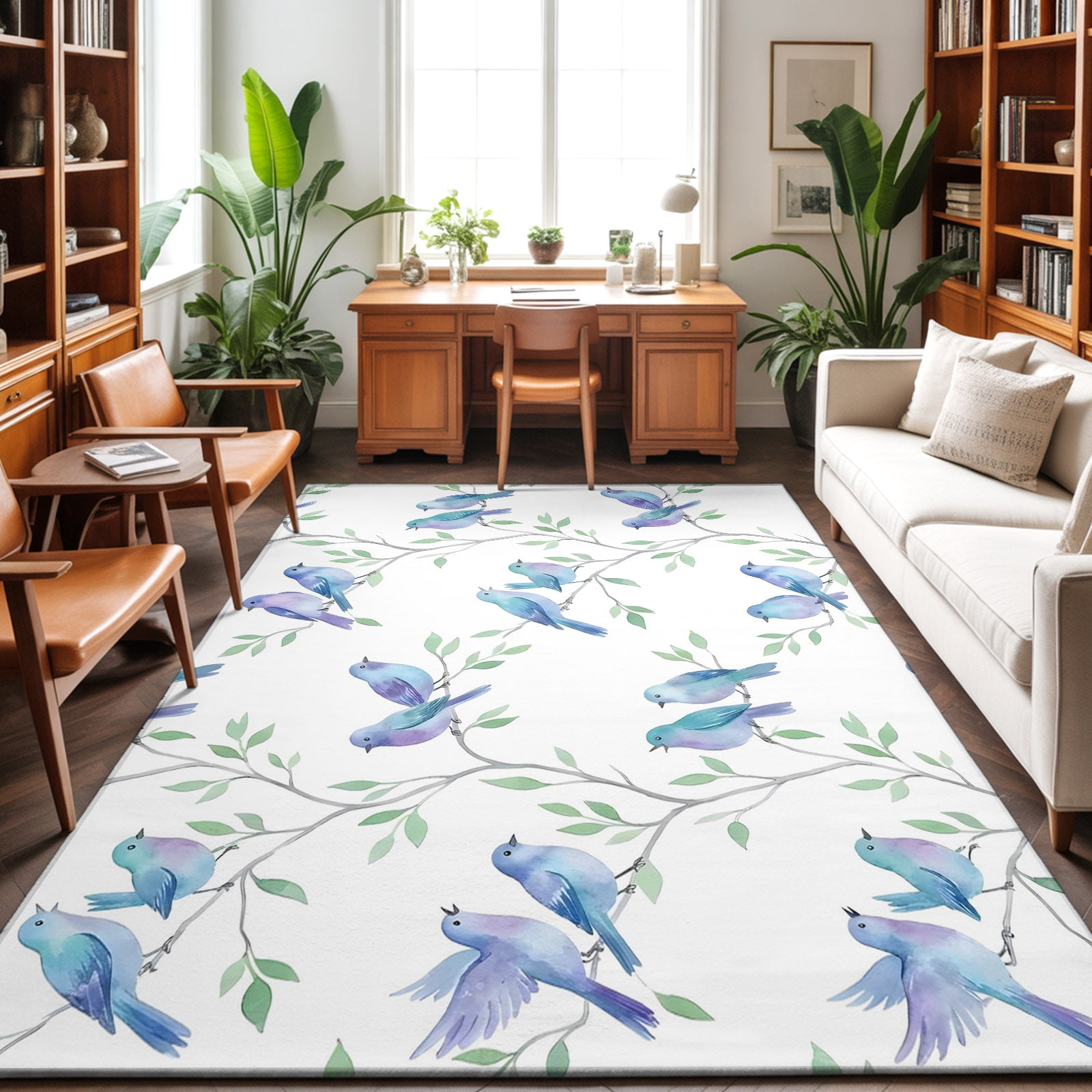 Blue Birds 3'x5' Rug for Bedroom Foot of Bed Small Living Room, Leaves ...