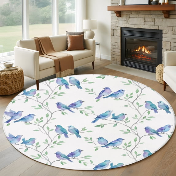 Blue Birds 7FT Round Area Rugs for Living Room Leaves Branches ...