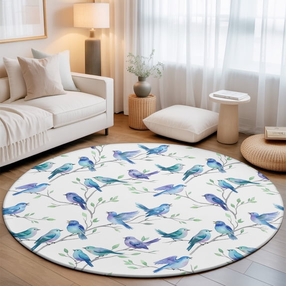 Blue Birds 8' Round Rug for Open Concept Living Room Seating Zone ...