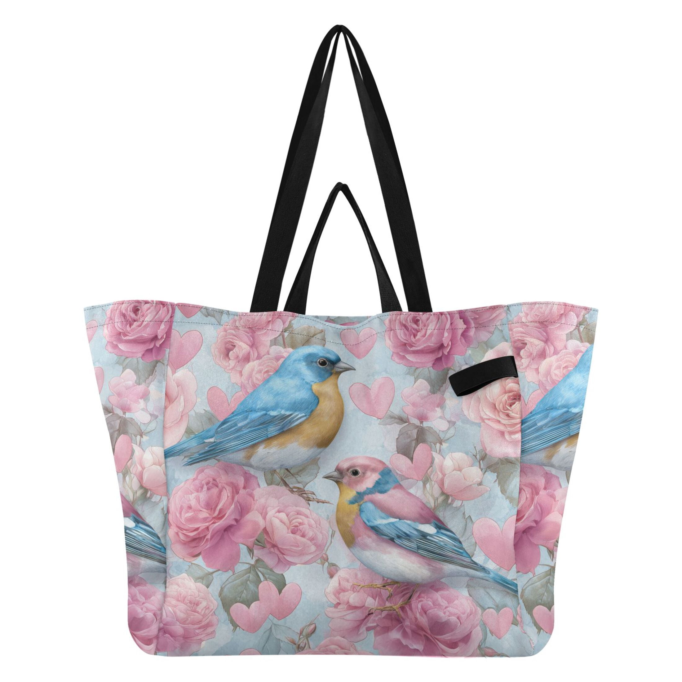 Blue Birds Among Pink Roses Valentine Foldable Canvas Tote Bags ...