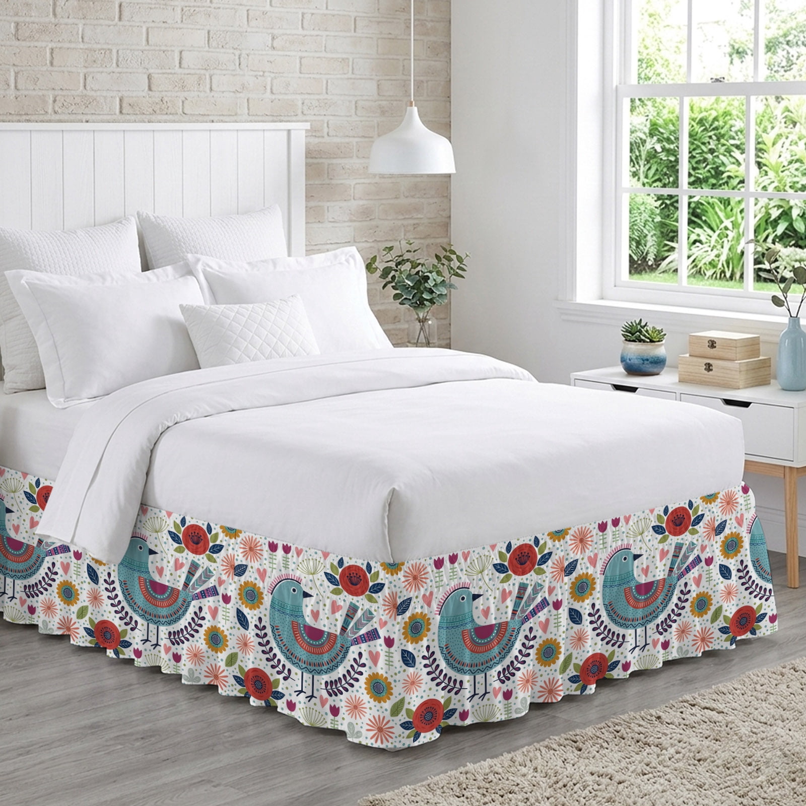 Blue Birds Bed Skirt King Size 18 Inch Drop, Nordic Style Folk Art Red ...