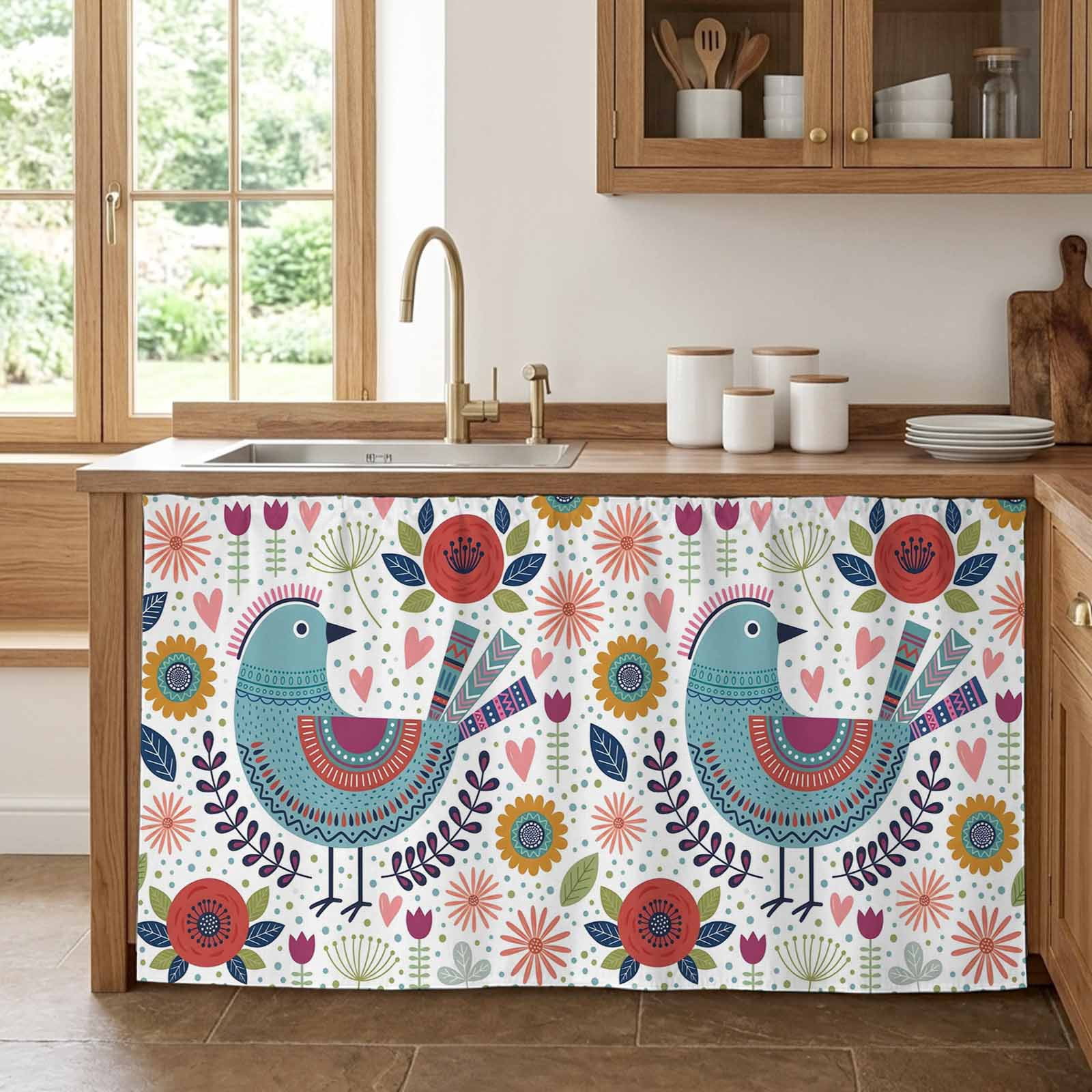 Blue Birds Cabinet Curtains 28" W x 51" L, Nordic Style Folk Art Red ...