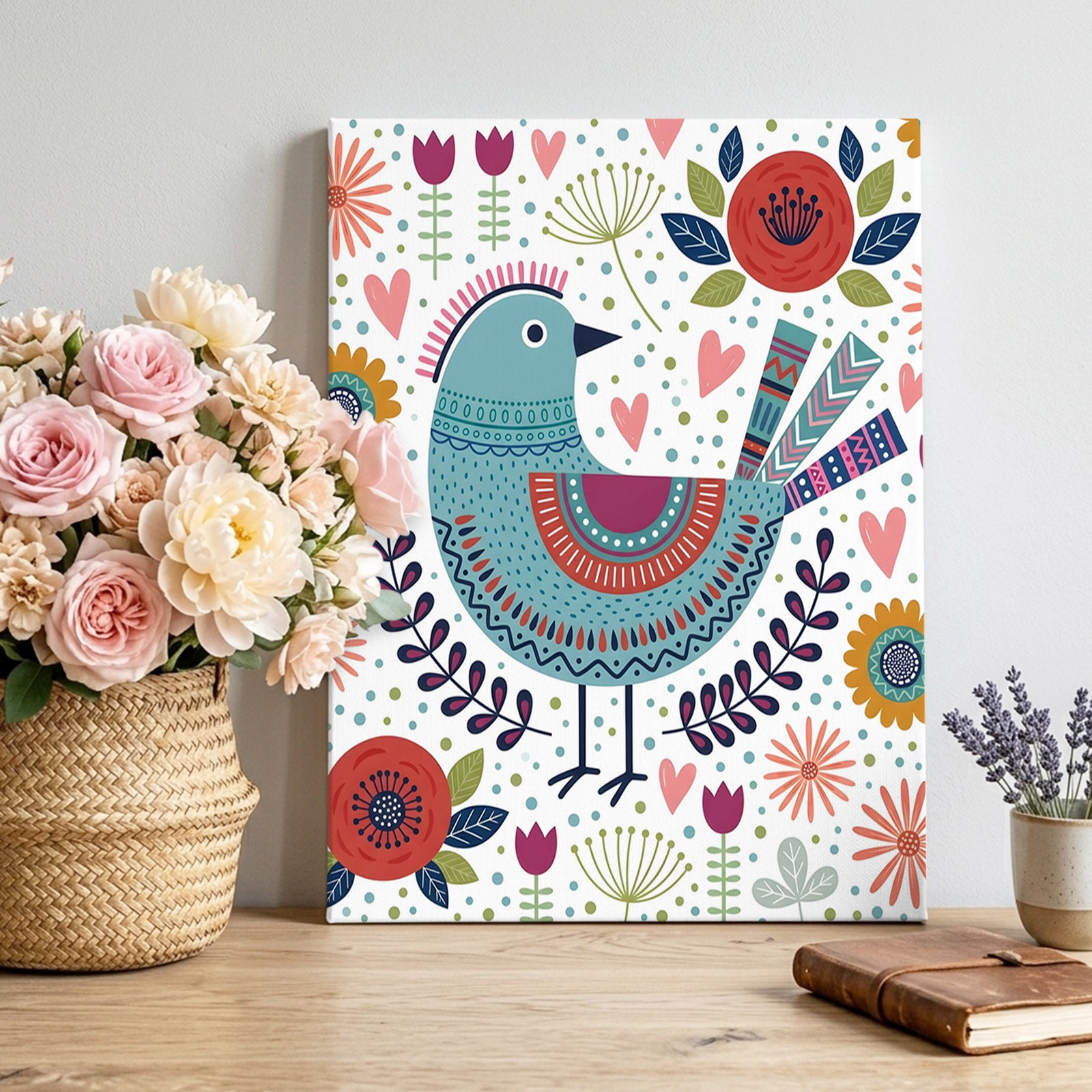 Blue Birds Canvas Wall Art for Living Room, Nordic Style Folk Art Red ...