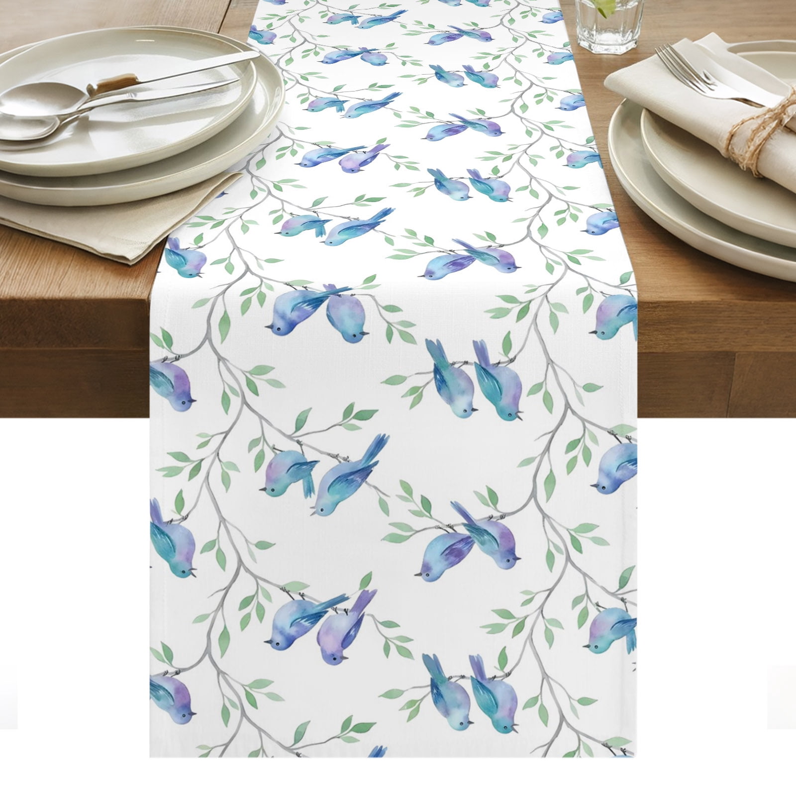 Blue Birds Cotton Linen Table Runner Leaves Branches Farmhouse ...