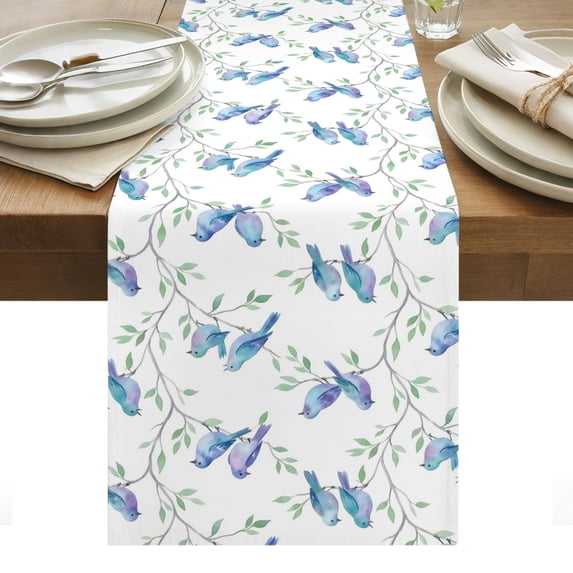 Blue Birds Cotton Linen Table Runner Leaves Branches Farmhouse ...