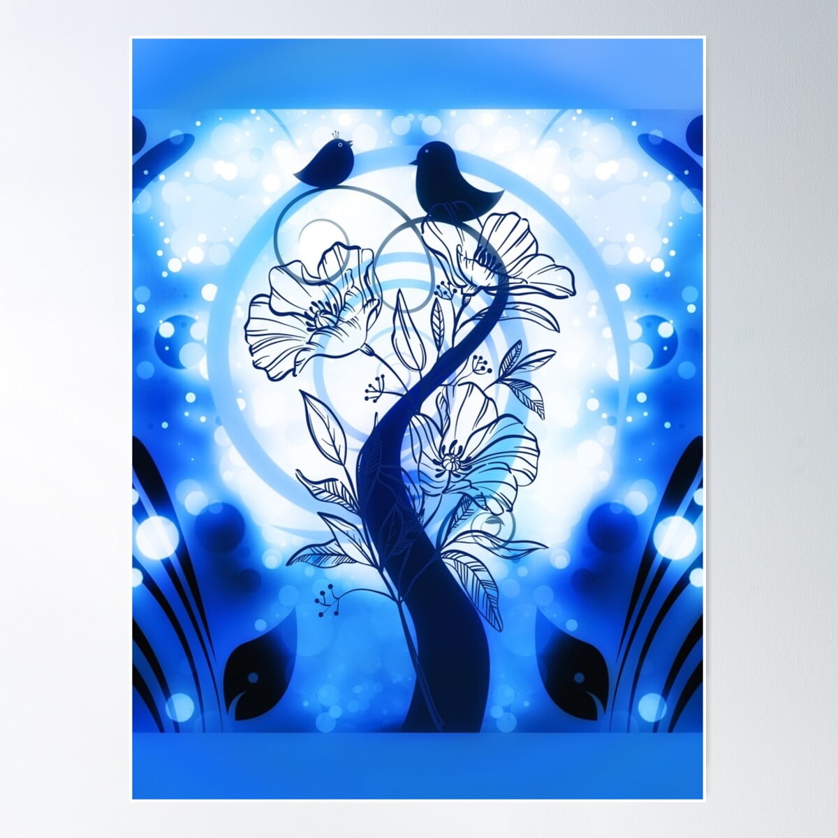 Blue Birds Fantasy Flower Stalk Poster Wall Art, Modern Wall Decor For ...