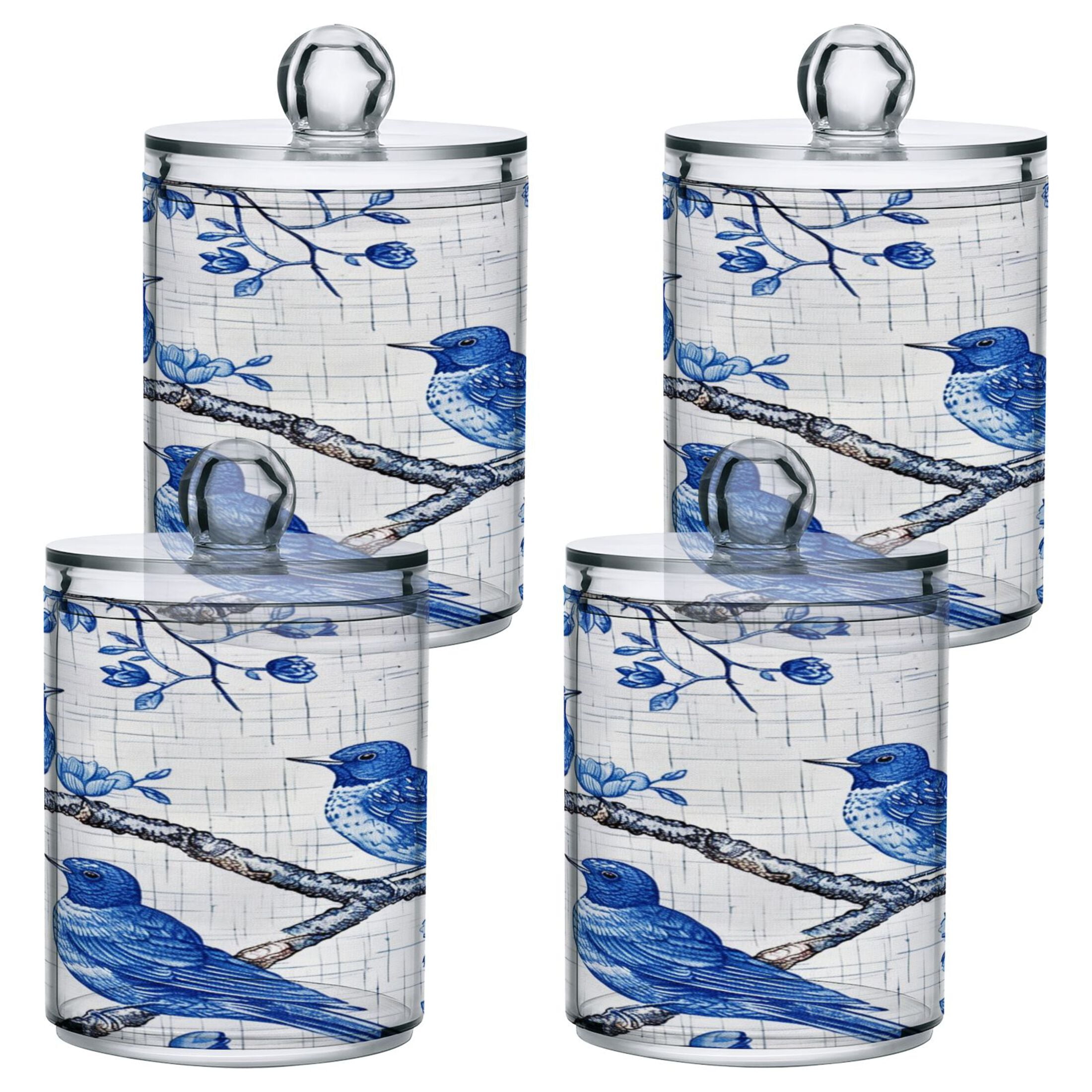Blue Birds Floral Porcelain Translucent Plastic Cans Storage Canisters ...