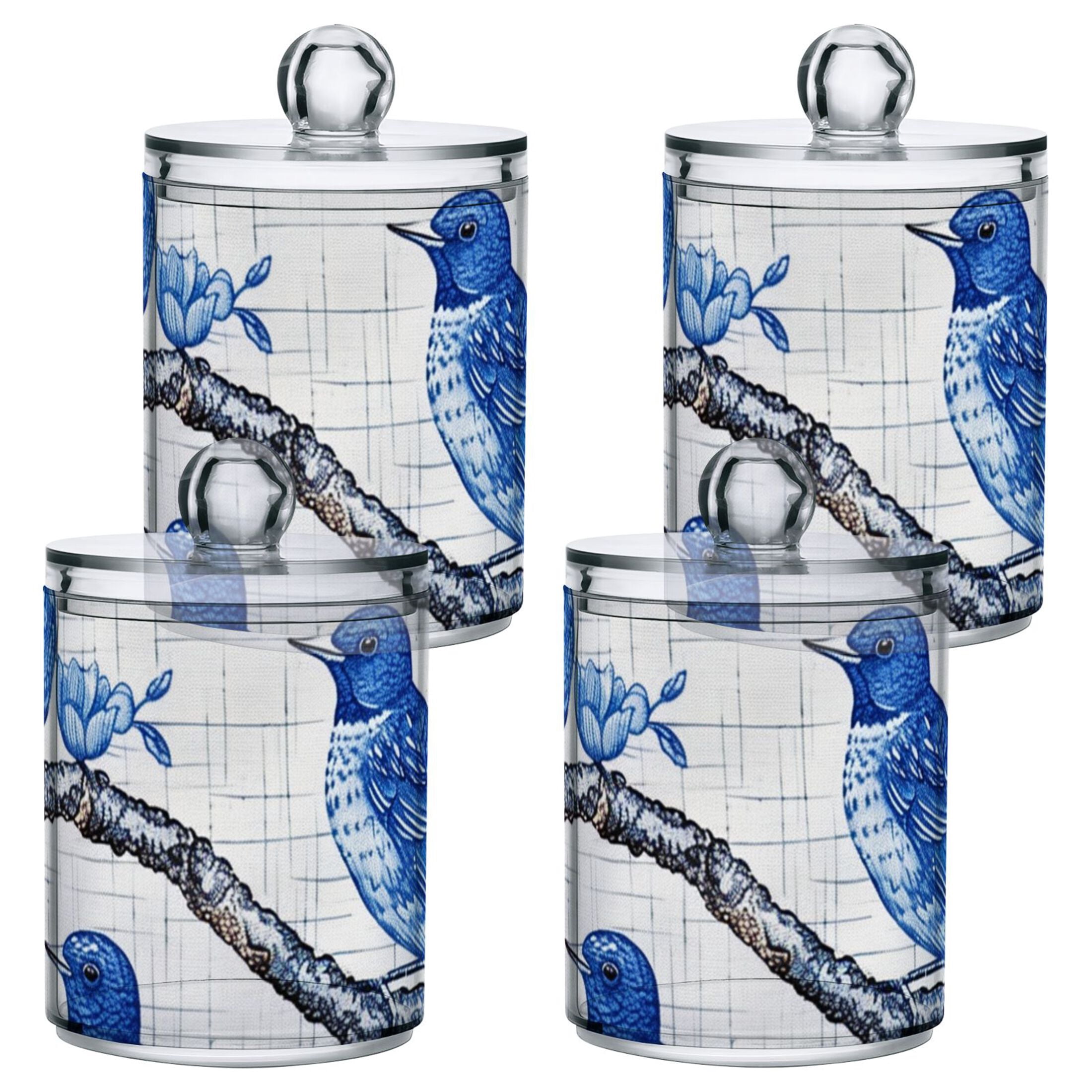 Blue Birds Floral Porcelain Translucent Plastic Cans Storage Canisters ...
