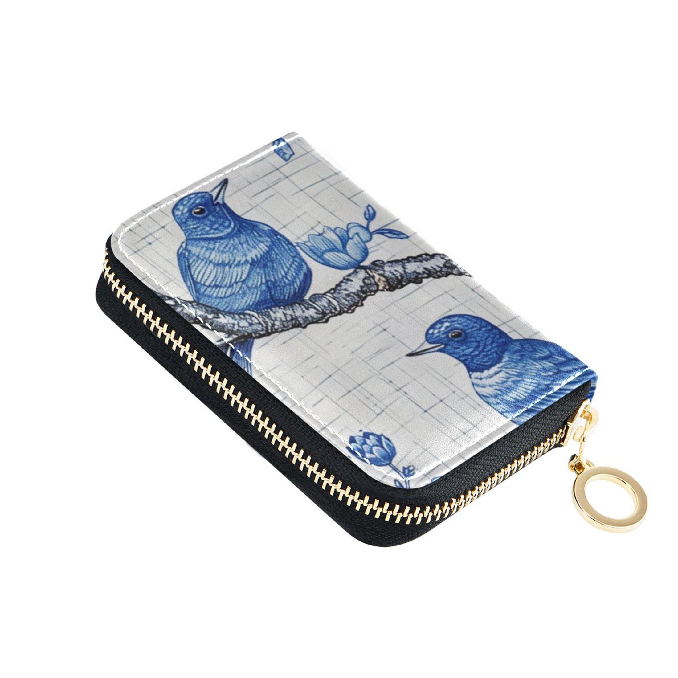 Blue Birds Floral Porcelain Women's Credit Card Holder PU Leather ...