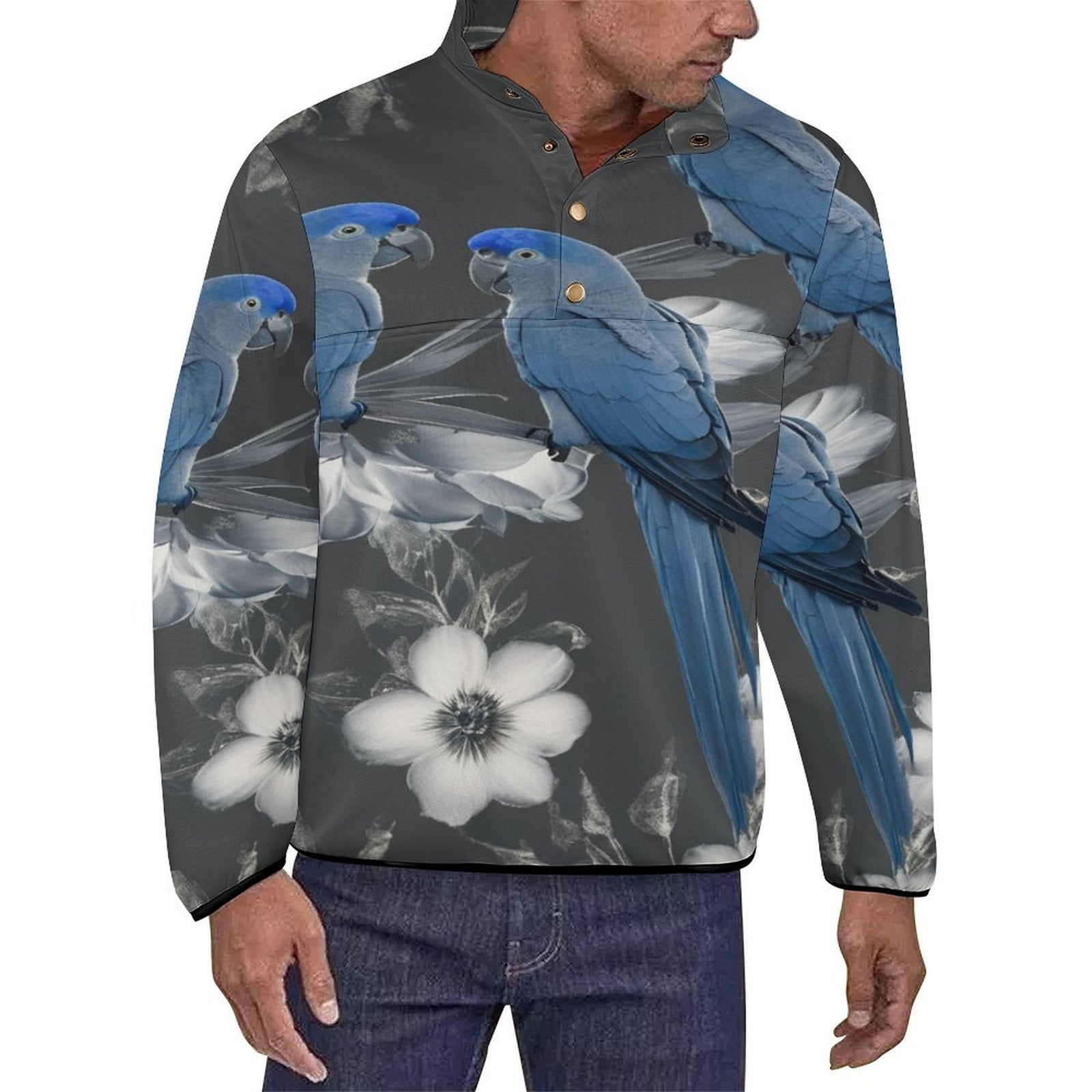 Blue Birds Floral Print Men's Stand Collar Sweater Long Sleeve Clothing ...