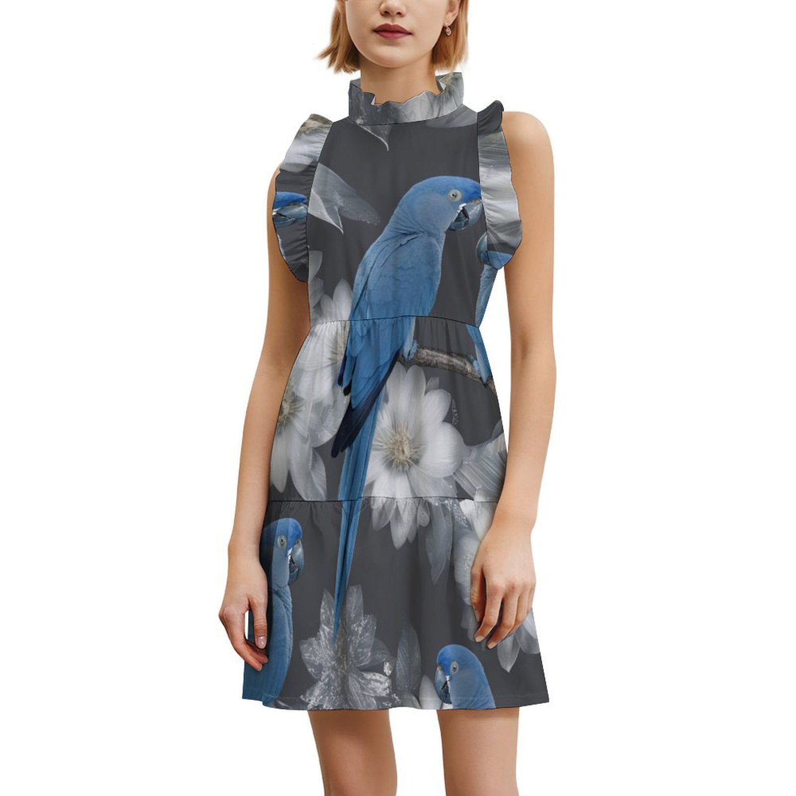 Blue Birds Floral Print Women's Fashion Casual Dress Summer Stand Up ...