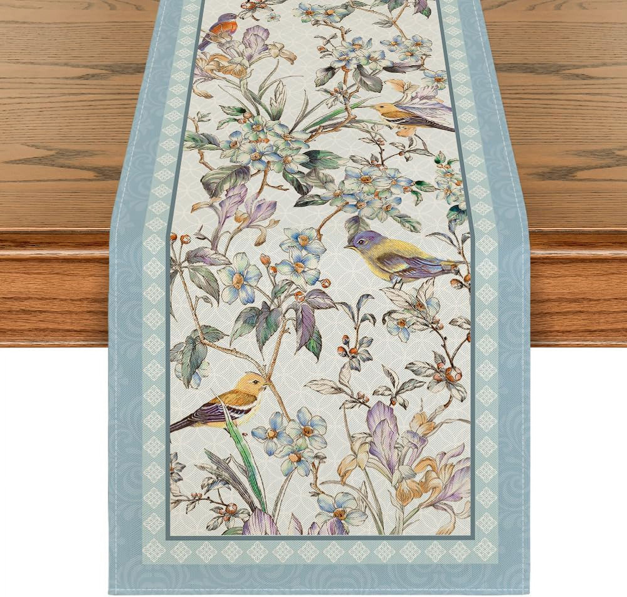 Blue Birds Flowers Blossom Table Runner, Seasonal Spring Floral Kitchen ...