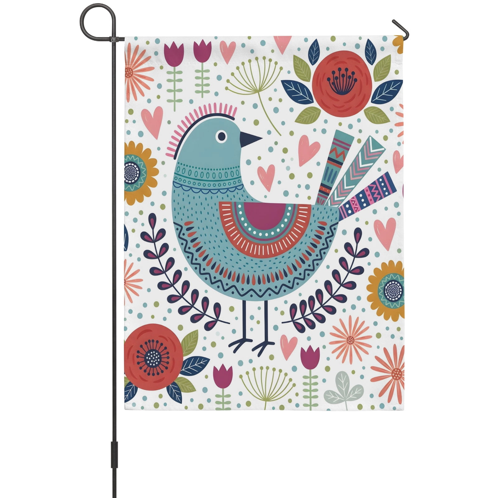 Blue Birds House Flags For Outdoor, Nordic Style Folk Art Red Daisy ...