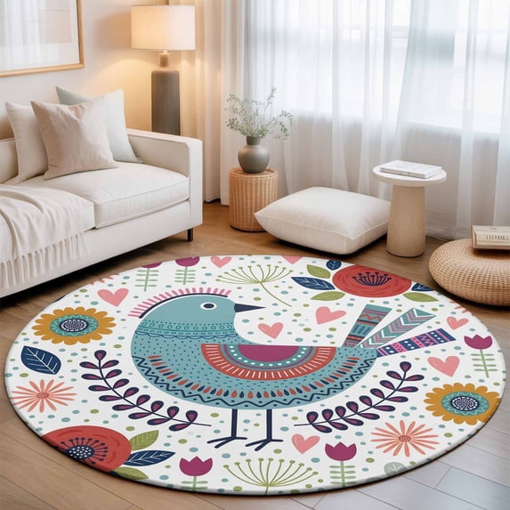 Blue Birds Large Round Rug 8Ft Nordic Style Folk Art Red Daisy Flower ...