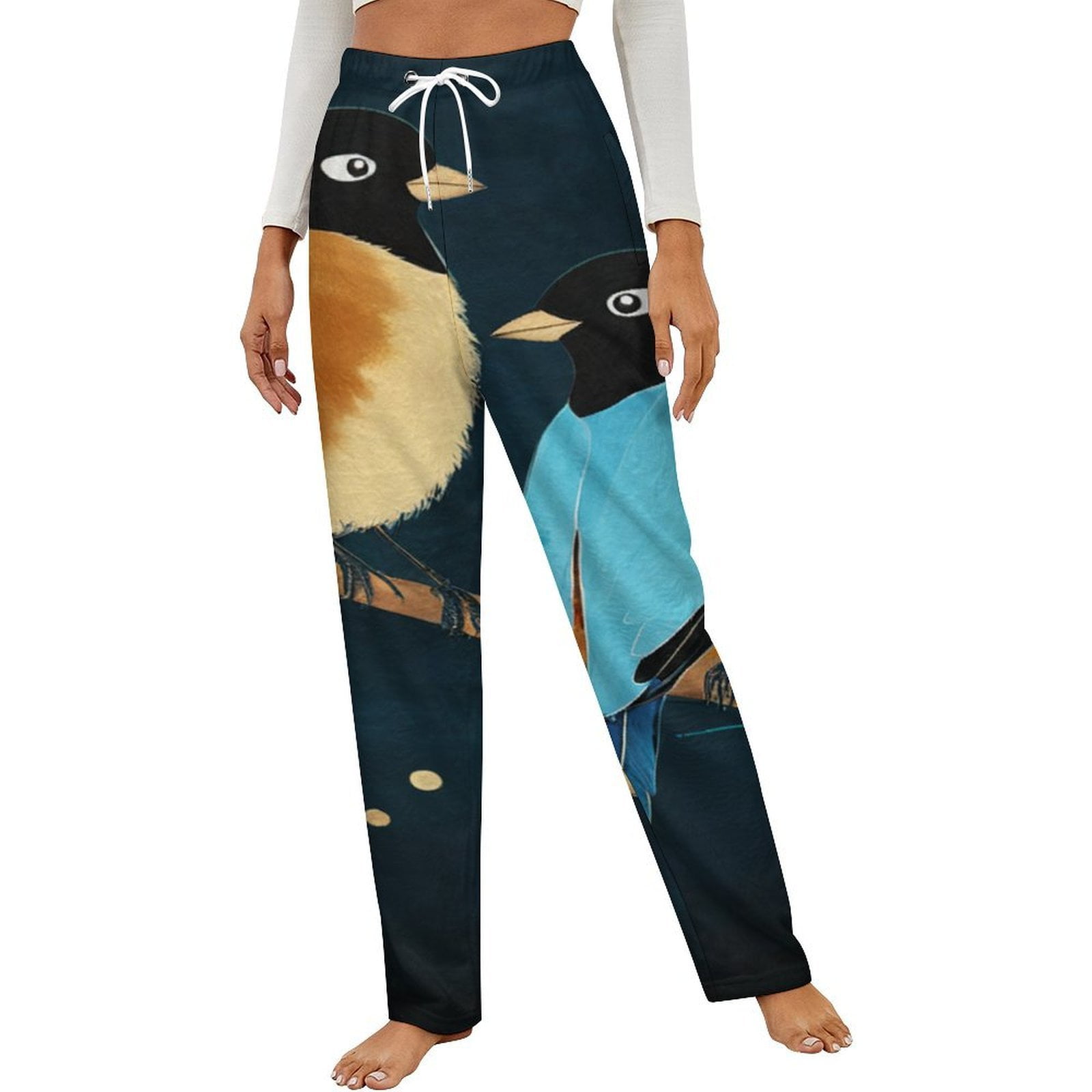 Blue Birds On Branches Winter Female Pants Flannel High Waist Women ...