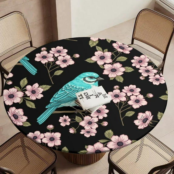 Blue Birds Pink Flowers Dark Background Pattern Round Table Cover Kitchen Printed Waterproof ...