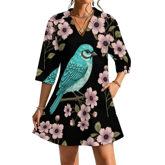 Blue Birds Pink Flowers Dark Background Pattern Womens Dress With ...