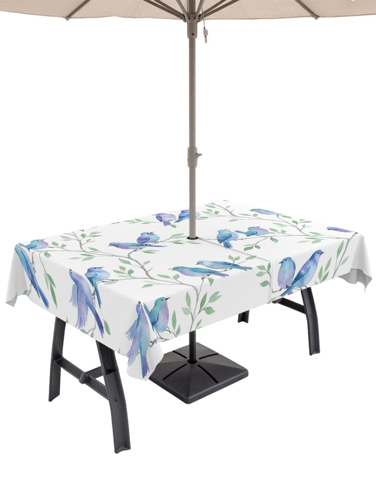 Blue Birds Rectangle Outdoor Tablecloth with Umbrella Hole Leaves ...