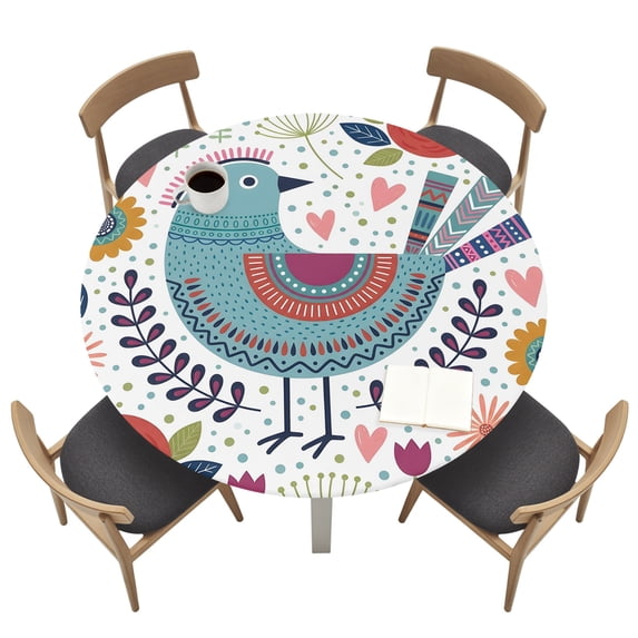 Blue Birds Round Fitted Table Cover Nordic Style Folk Art Red Daisy ...
