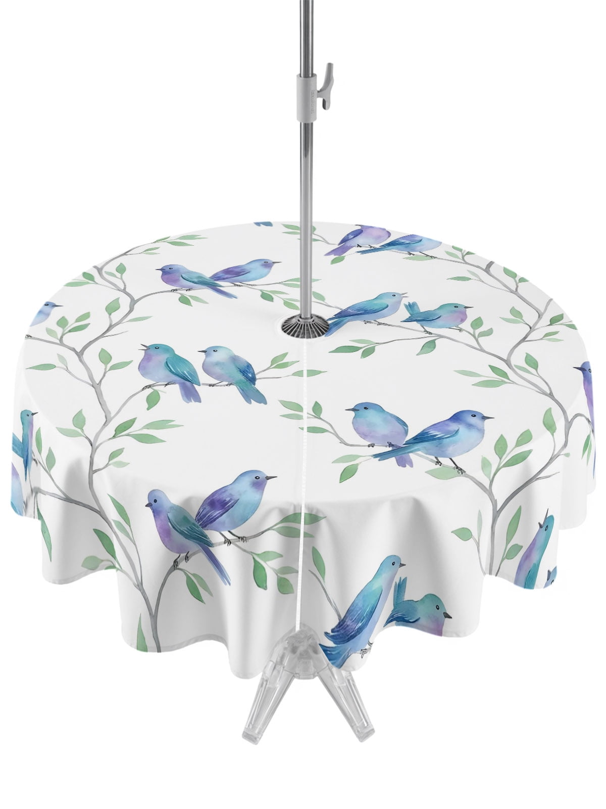Blue Birds Round Outdoor Tablecloth with Umbrella Hole Leaves Branches ...