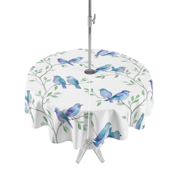 Blue Birds Round Outdoor Tablecloth with Umbrella Hole Leaves Branches ...