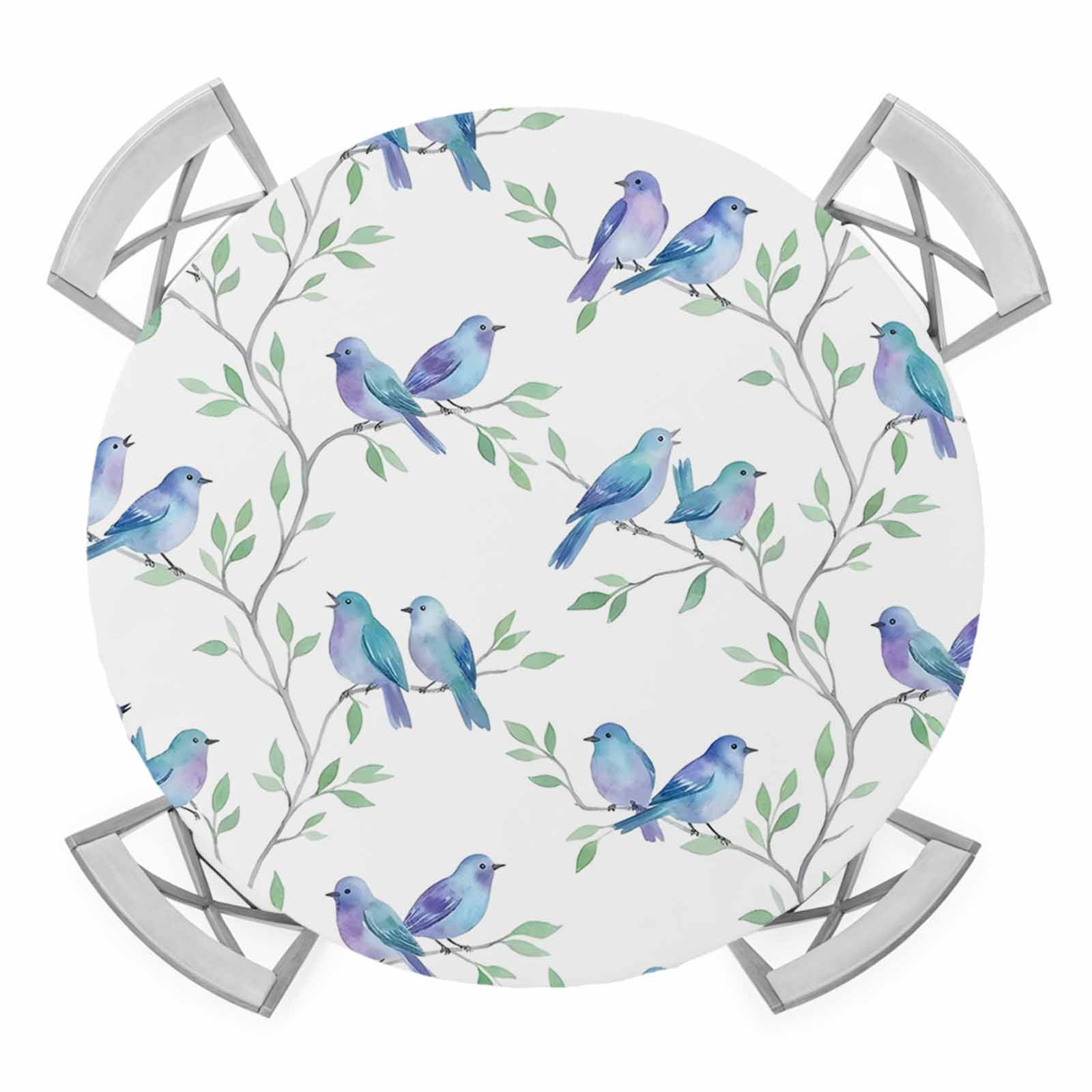 Blue Birds Round Table Cover, Leaves Branches Farmhouse Botanical ...