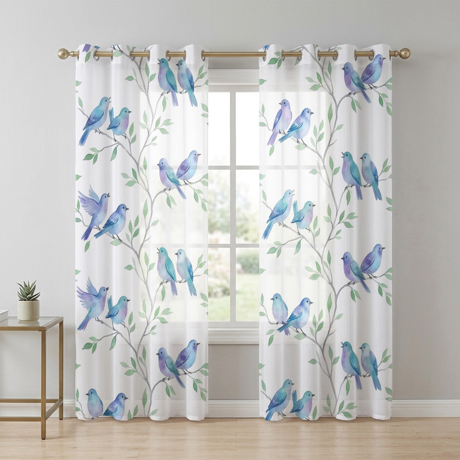 Blue Birds Sheer Curtains 72 Inch Long 2 Panels, Leaves Branches ...