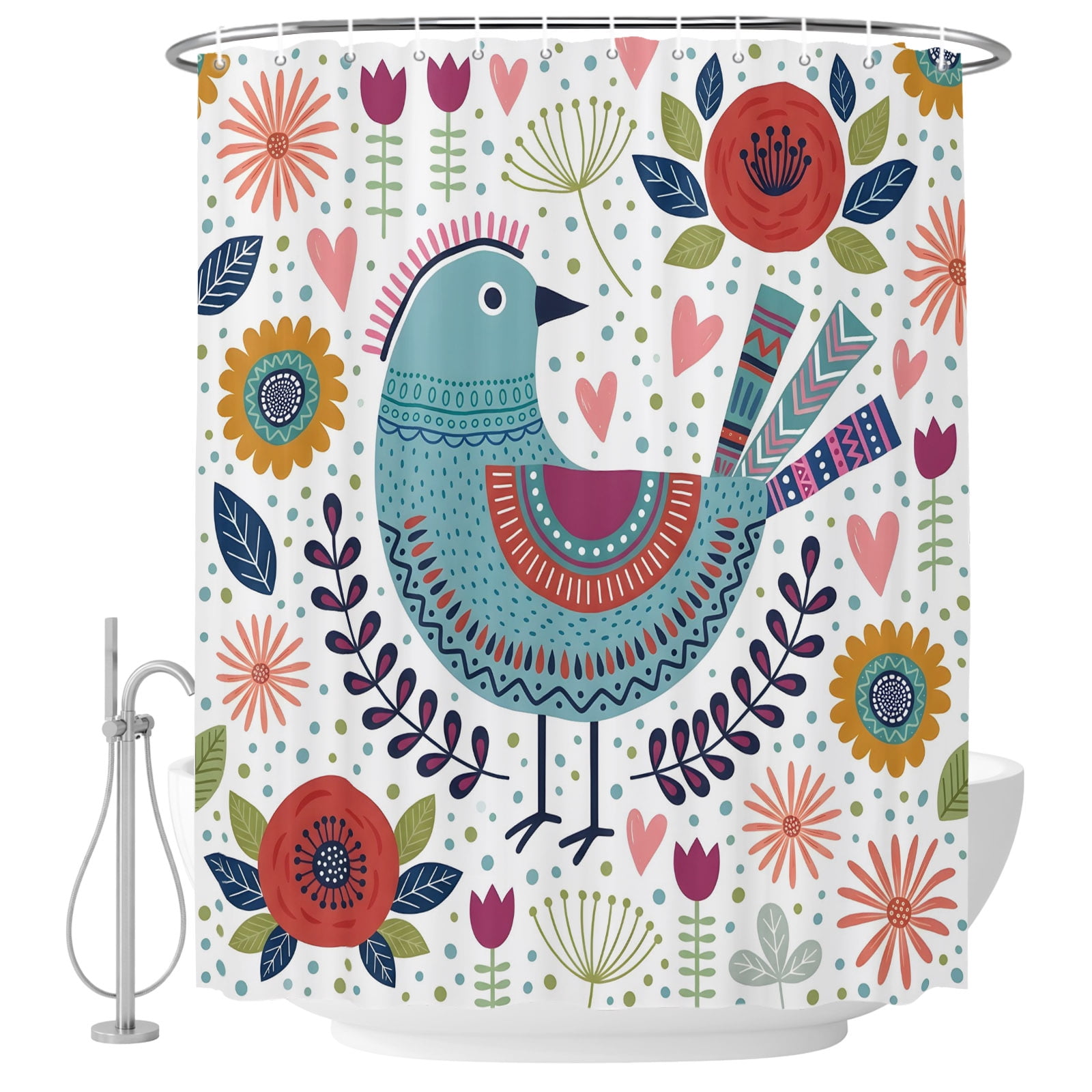 Blue Birds Shower Curtain for Bathroom, Nordic Style Folk Art Red Daisy ...