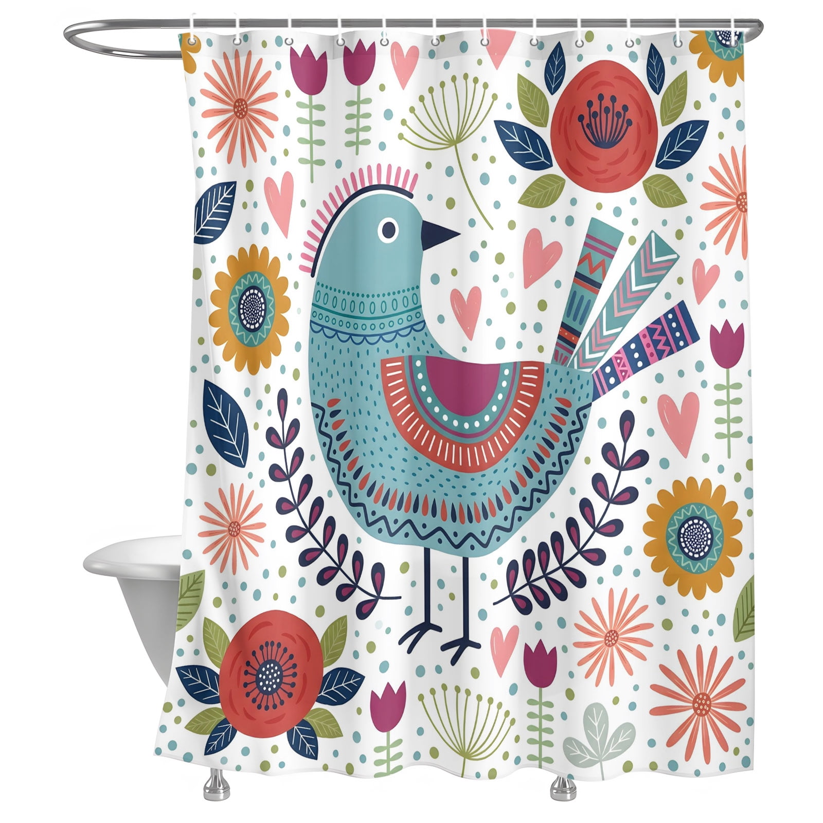 Blue Birds Shower Curtain, Nordic Style Folk Art Red Daisy Flower Leaf ...