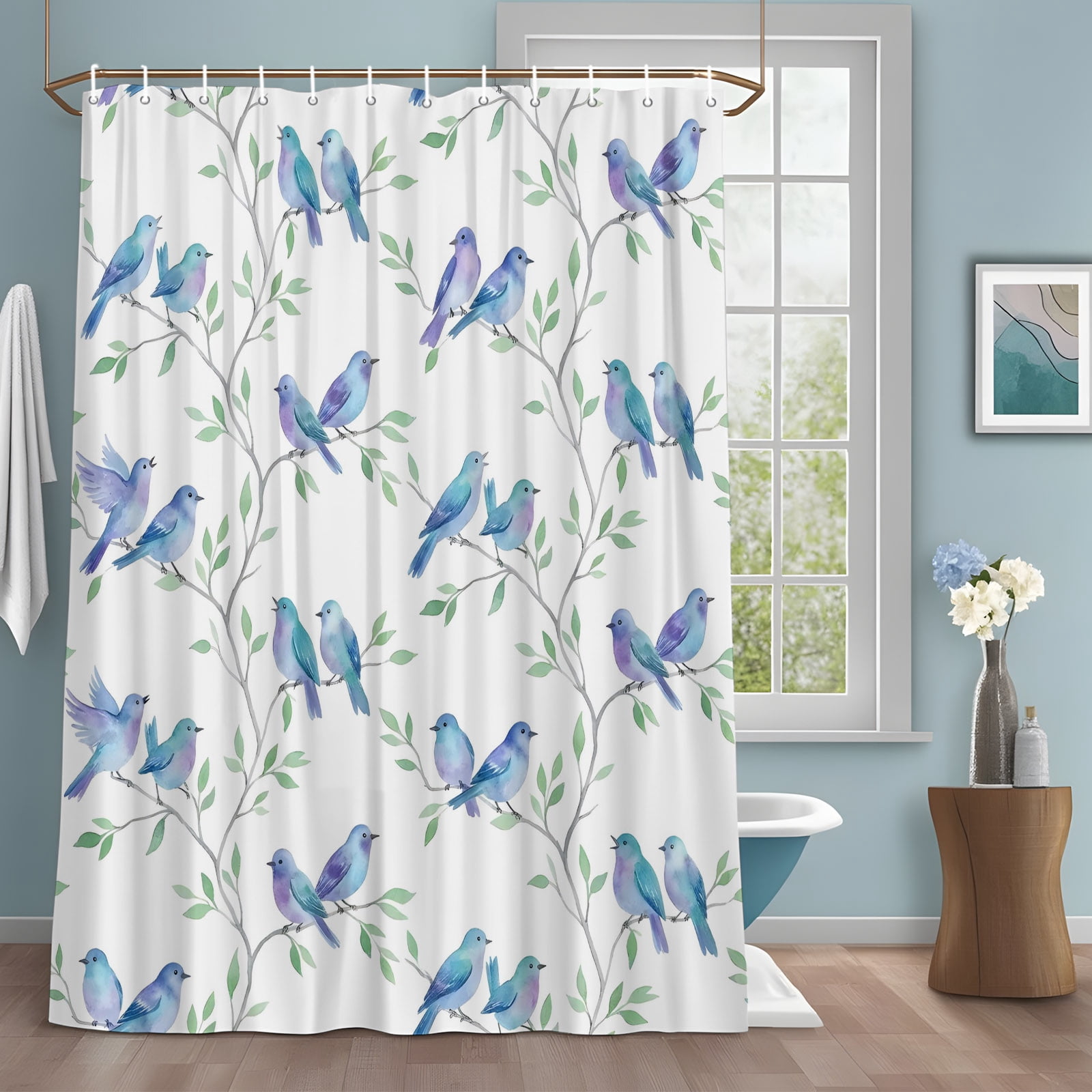 Blue Birds Shower Curtain Set with Hooks, Leaves Branches Farmhouse ...
