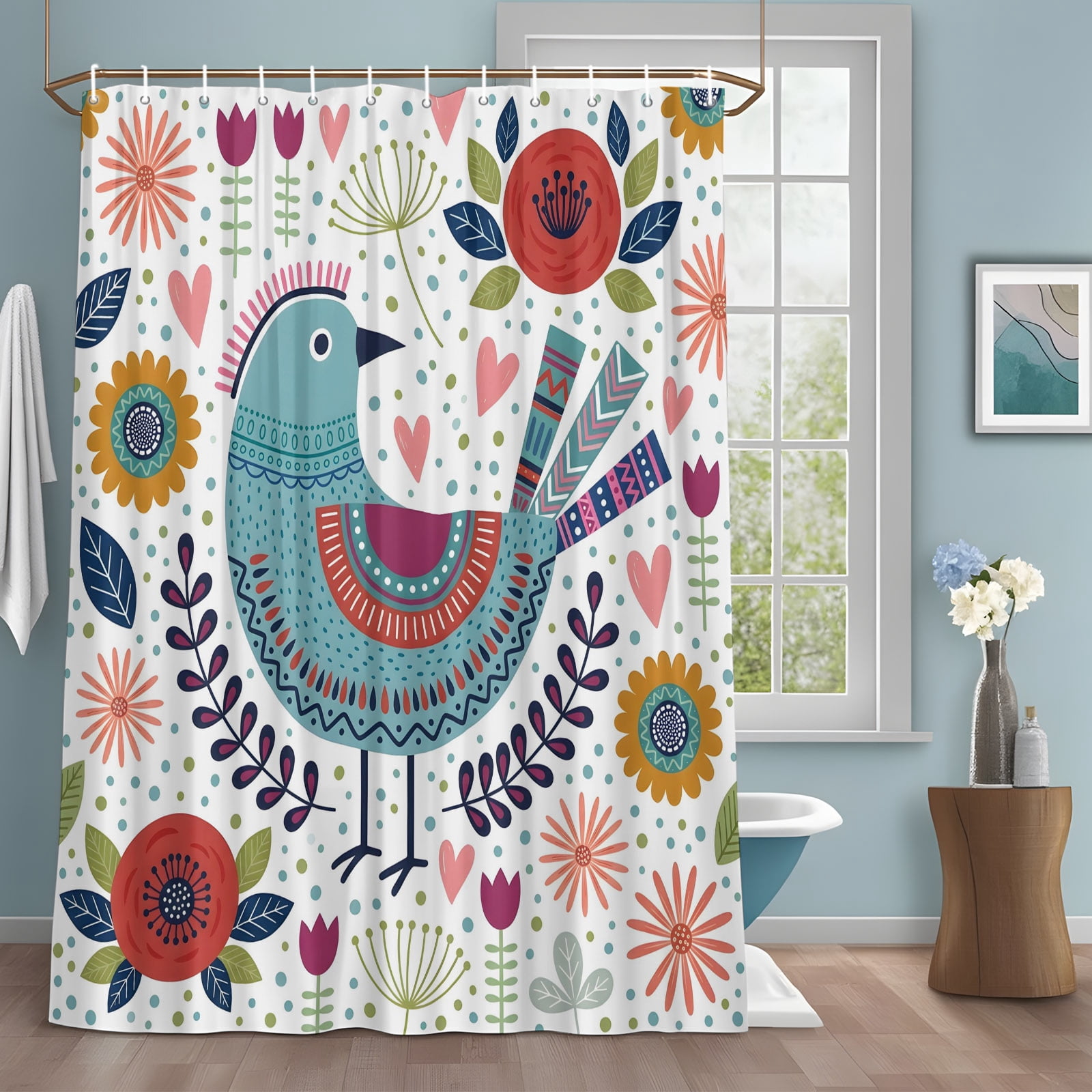 Blue Birds Shower Curtain Set with Hooks, Nordic Style Folk Art Red ...