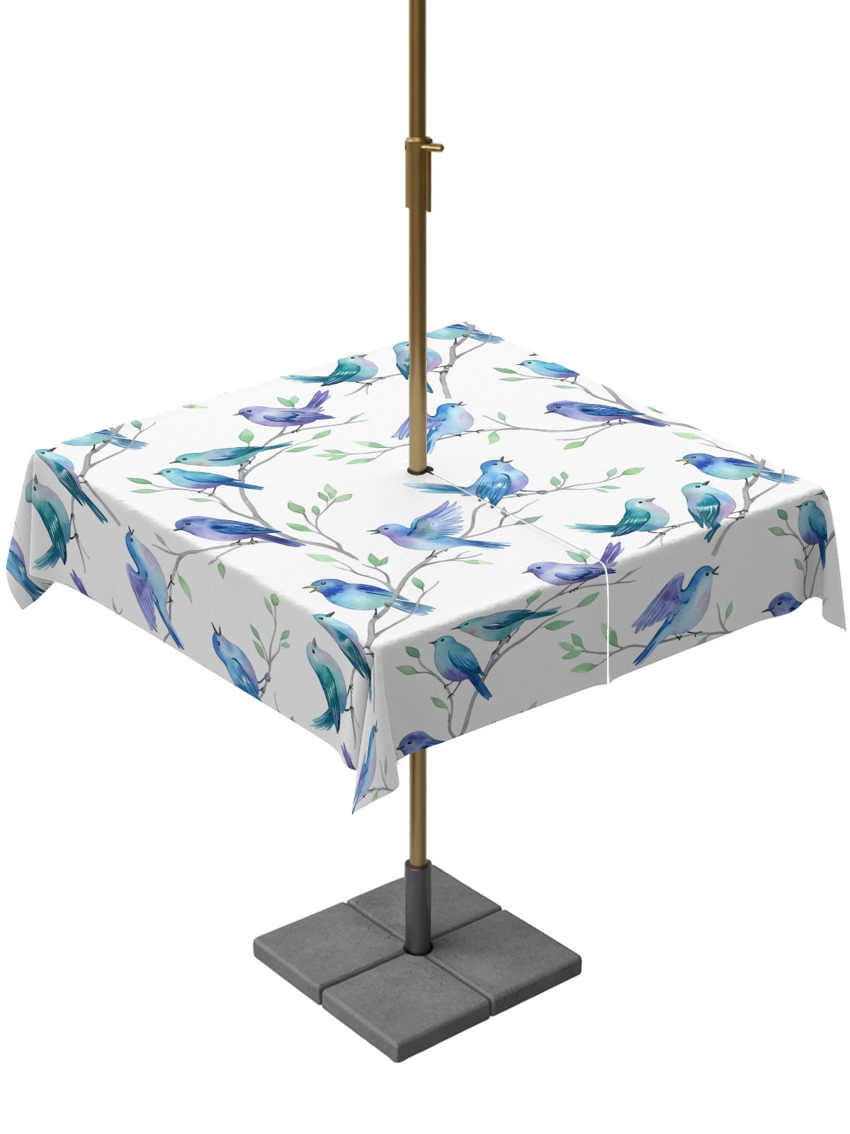 Blue Birds Square Outdoor Tablecloth with Umbrella Hole Leaves Branches ...