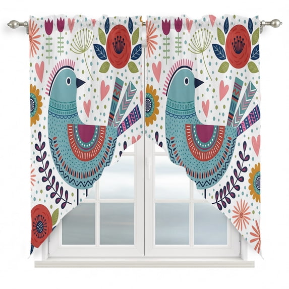 Blue Birds Swag Curtain Valance for Windows, Nordic Style Folk Art Red ...