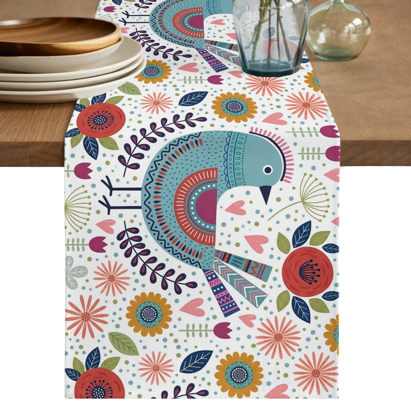 Blue Birds Table Runner, Nordic Style Folk Art Red Daisy Flower Leaf ...