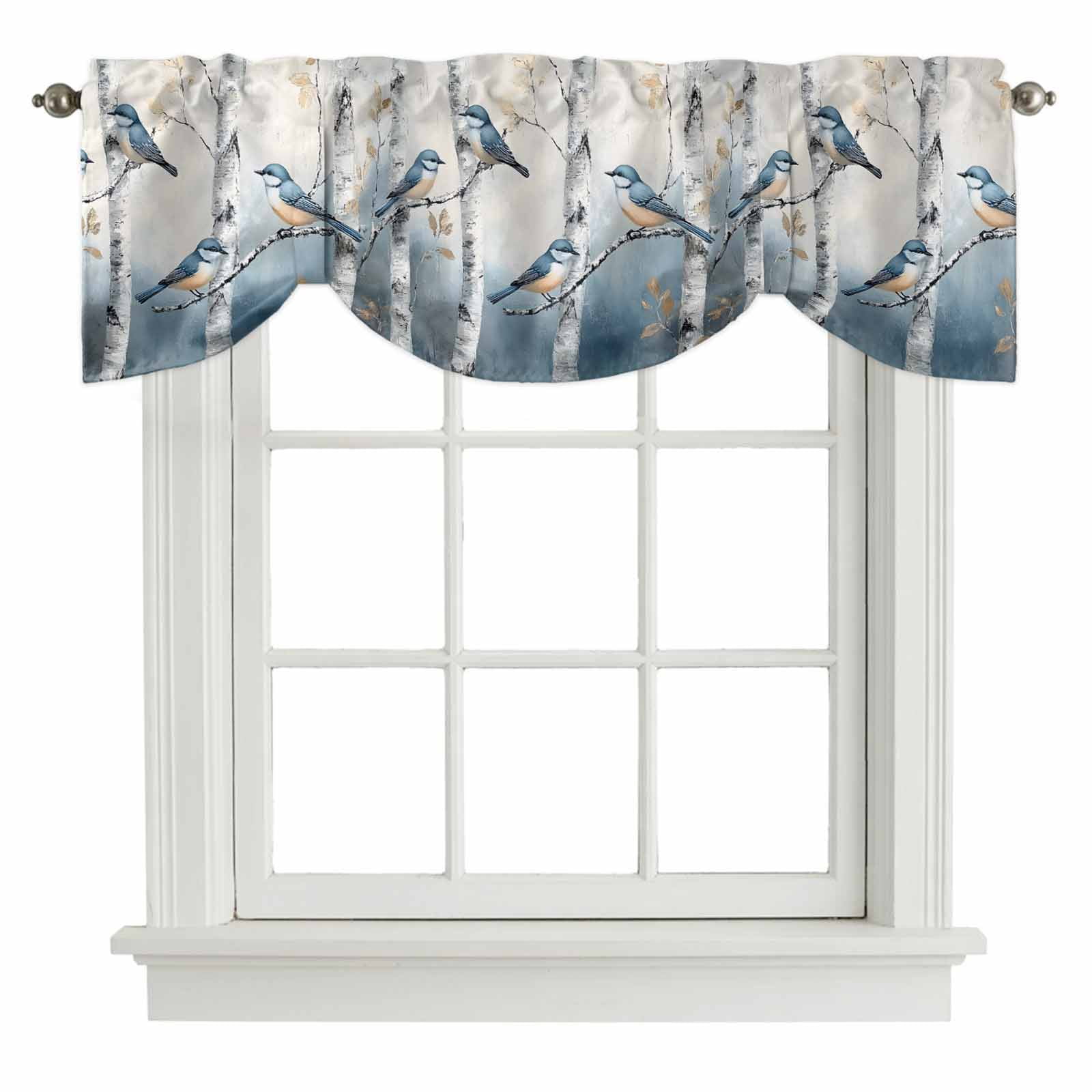 Blue Birds Tie Up Valance for Windows, Birch Tree Adjustable Rod Pocket ...
