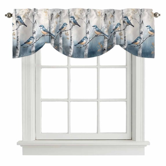 Blue Birds Tie Up Valance for Windows, Birch Tree Adjustable Rod Pocket ...