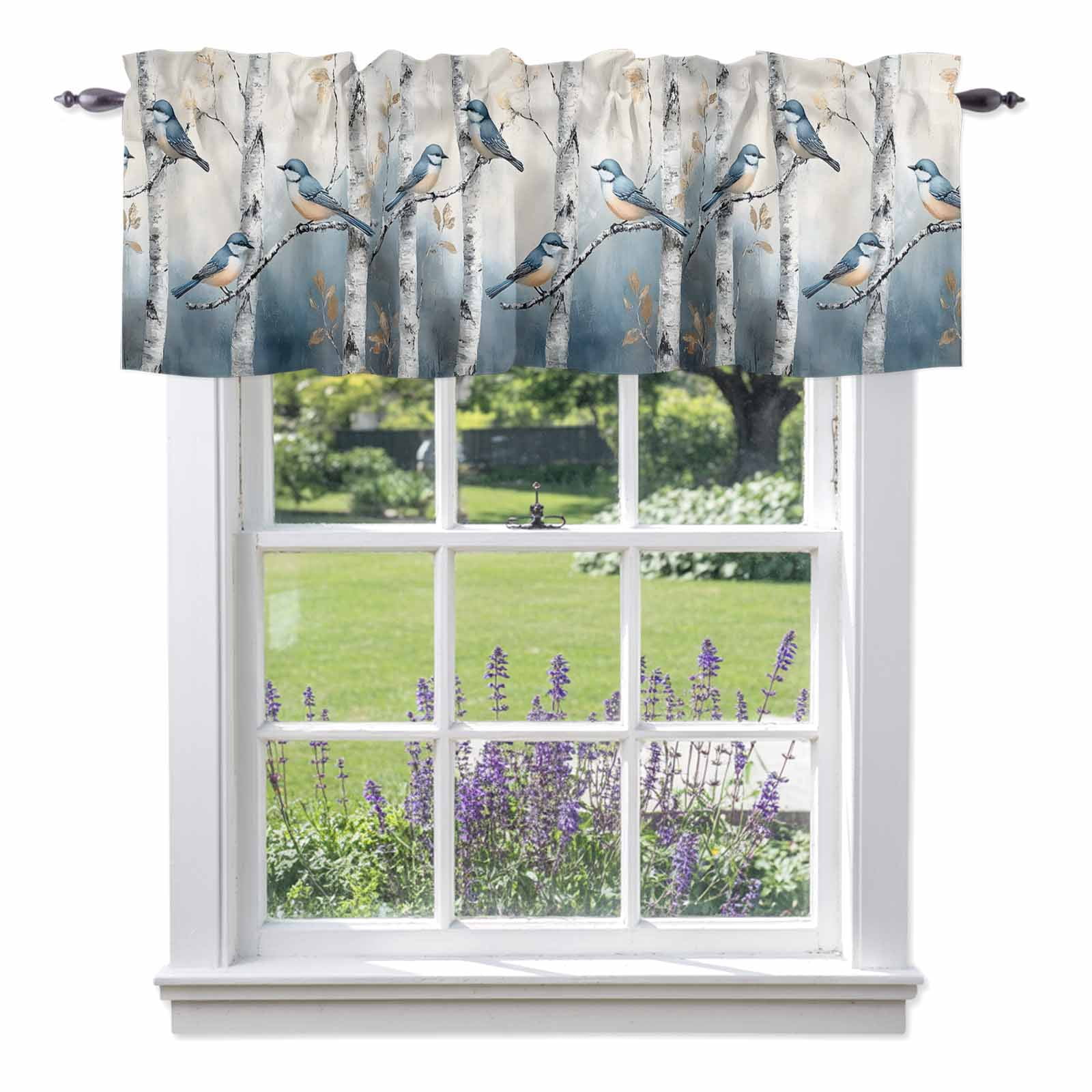 Blue Birds Valance Curtain Birch Tree Window Valances Rod Pocket Short ...