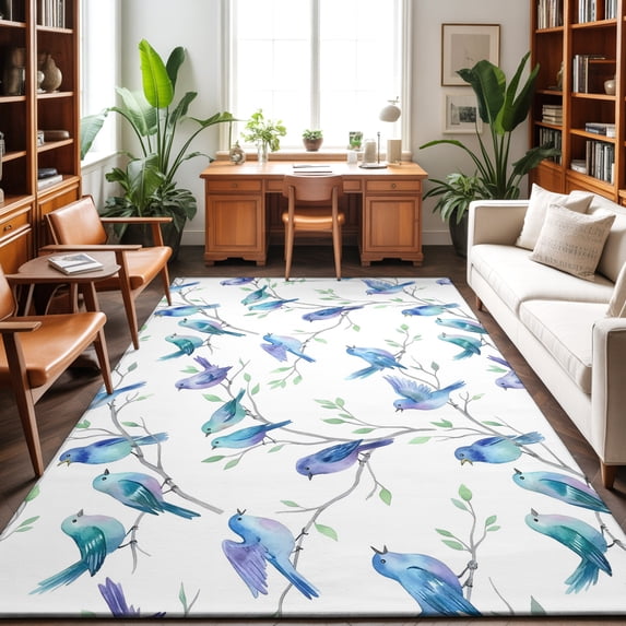 Blue Birds Washable Area Rug 5 x 7 ft Leaves Branches Botanical ...