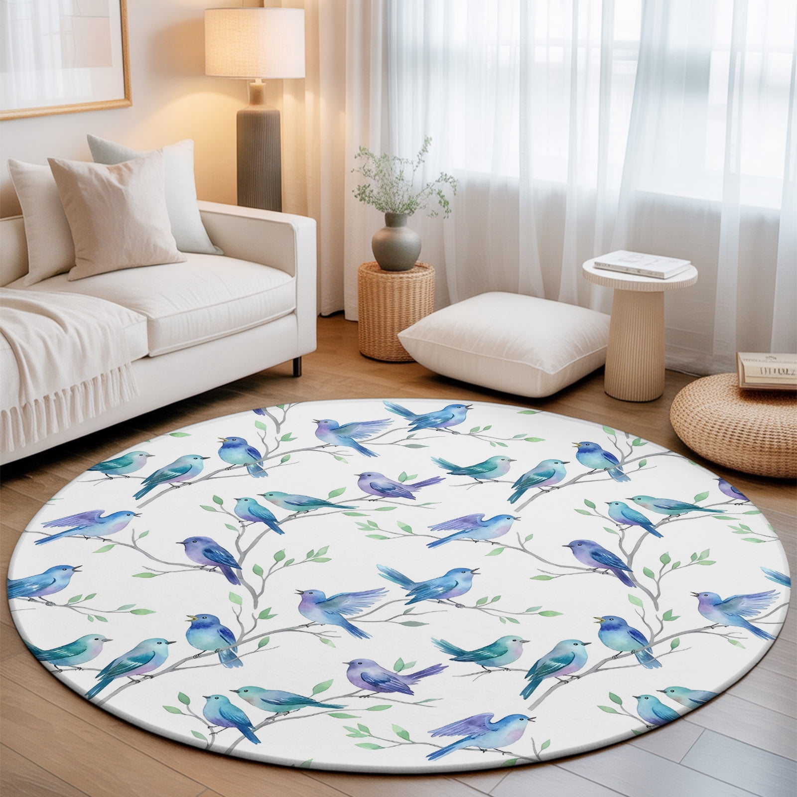 Blue Birds Washable Round Area Rug 7 ft, Leaves Branches Botanical ...