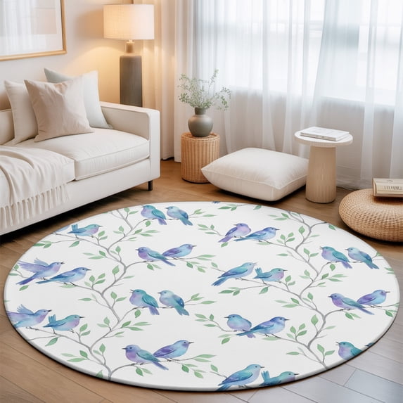 Blue Birds Washable Round Area Rug 7 ft, Leaves Branches Farmhouse ...