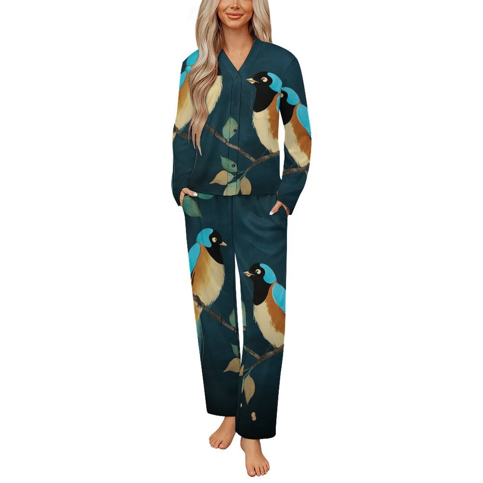 Blue Birds on Branches Womens Pyjamas Set Button Up Pyjamas Womens with ...
