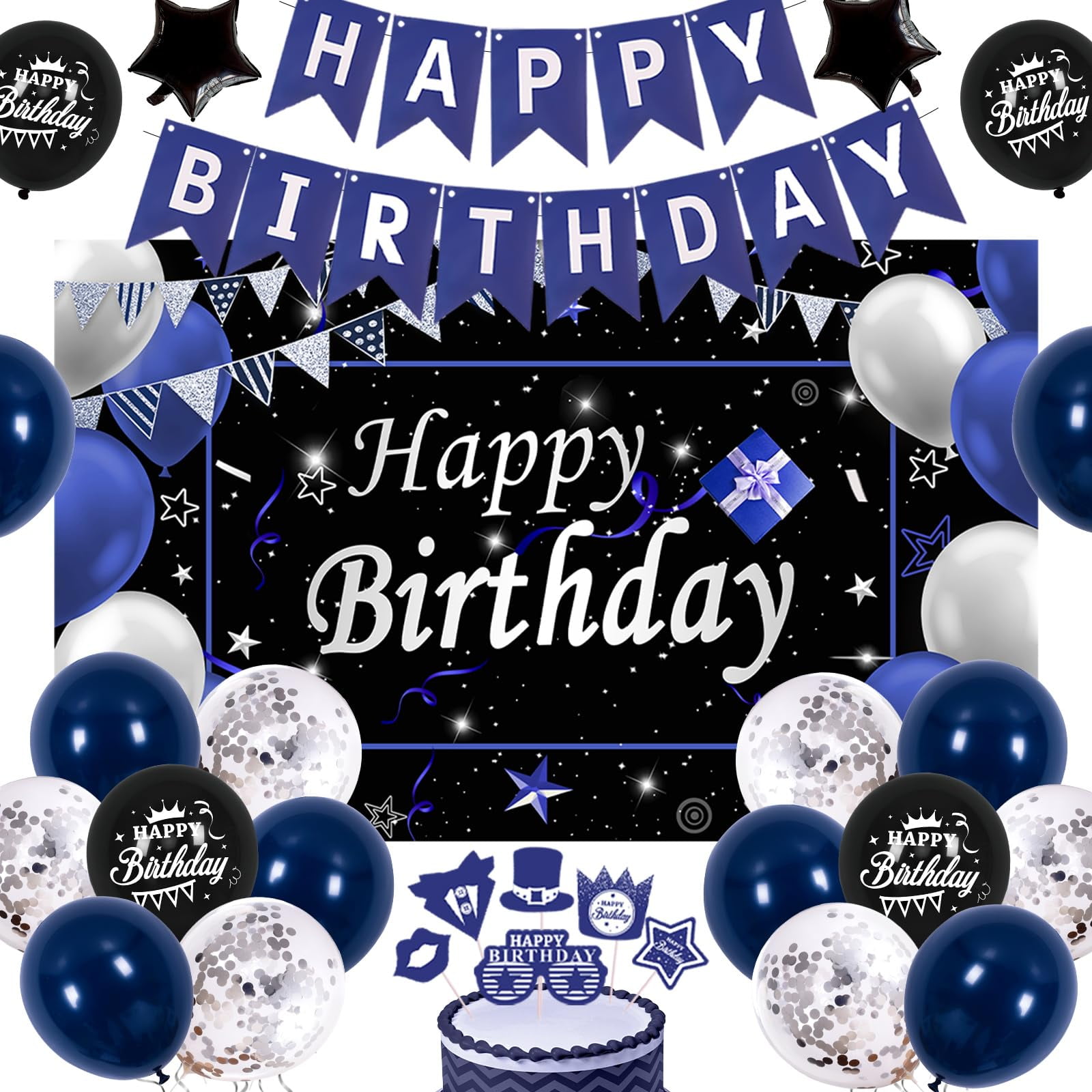 Blue Birthday DecorationsITSC for Men Women, Navy Blue Silver Happy Birthday Decorations for ...