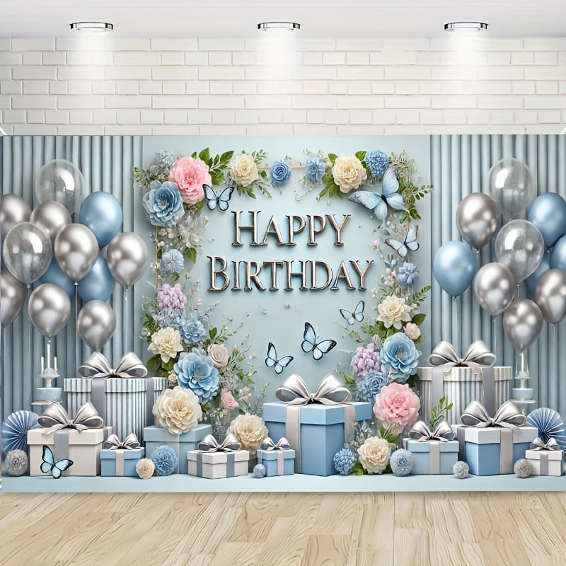 Blue Birthday Party Backdrop Blue and Silver Balloon Photography ...