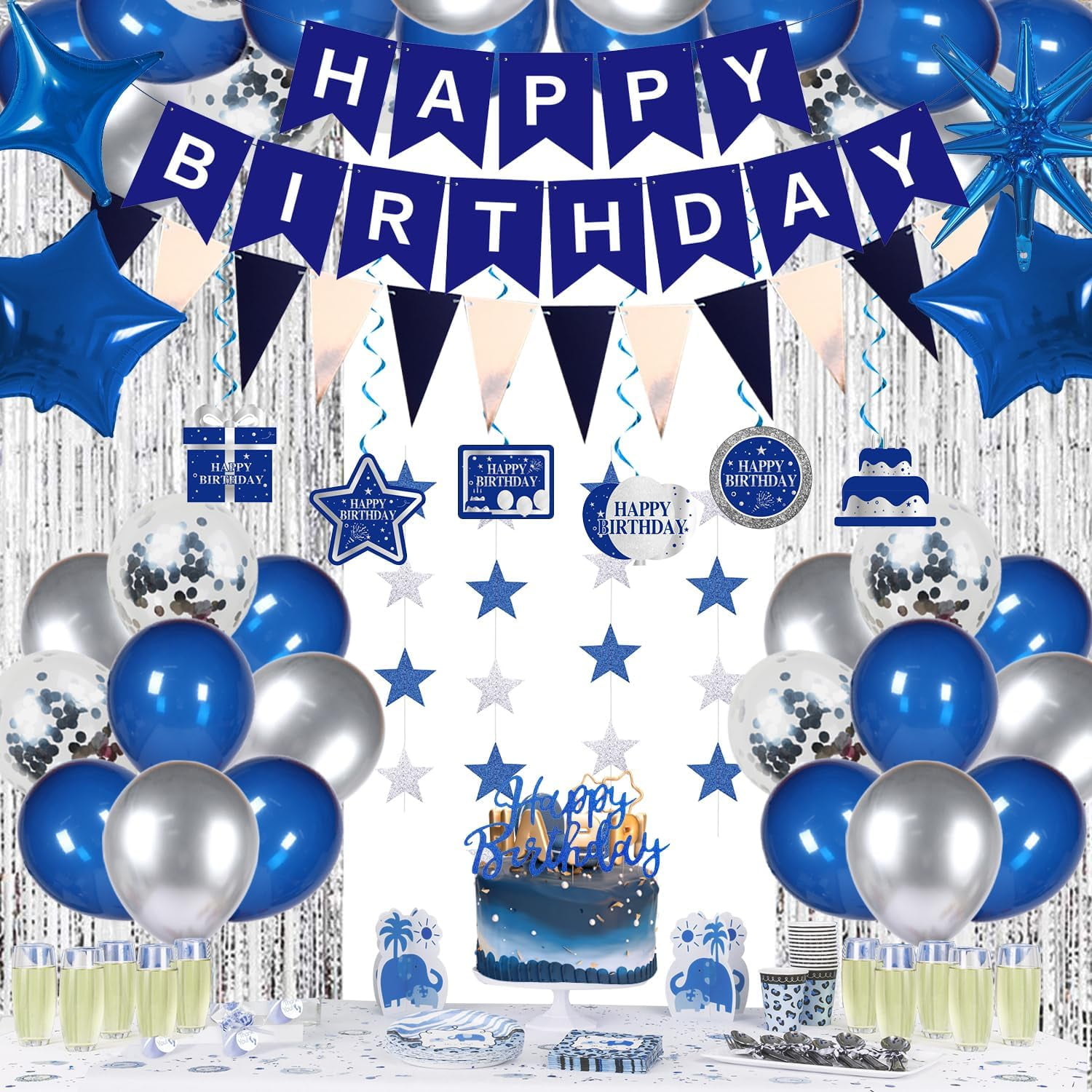 Blue Birthday Party Decorations Happy Birthday Decorations Happy Birthday Banner Cake Toppers ...
